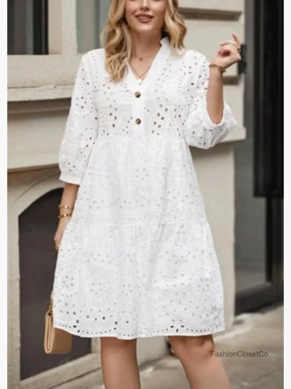 Dresses | Womens Eyelet Lace Midi Dress V Neck Puff 34 Sleeve Button ...